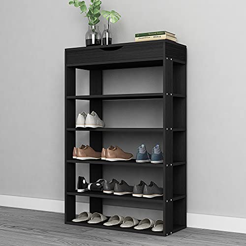 soges 5-Tier Free Standing Shoe Rack, 29.5 inches Wooden Shoe Shelf, Entryway Shoe Organizer Storage Cabinet, Black