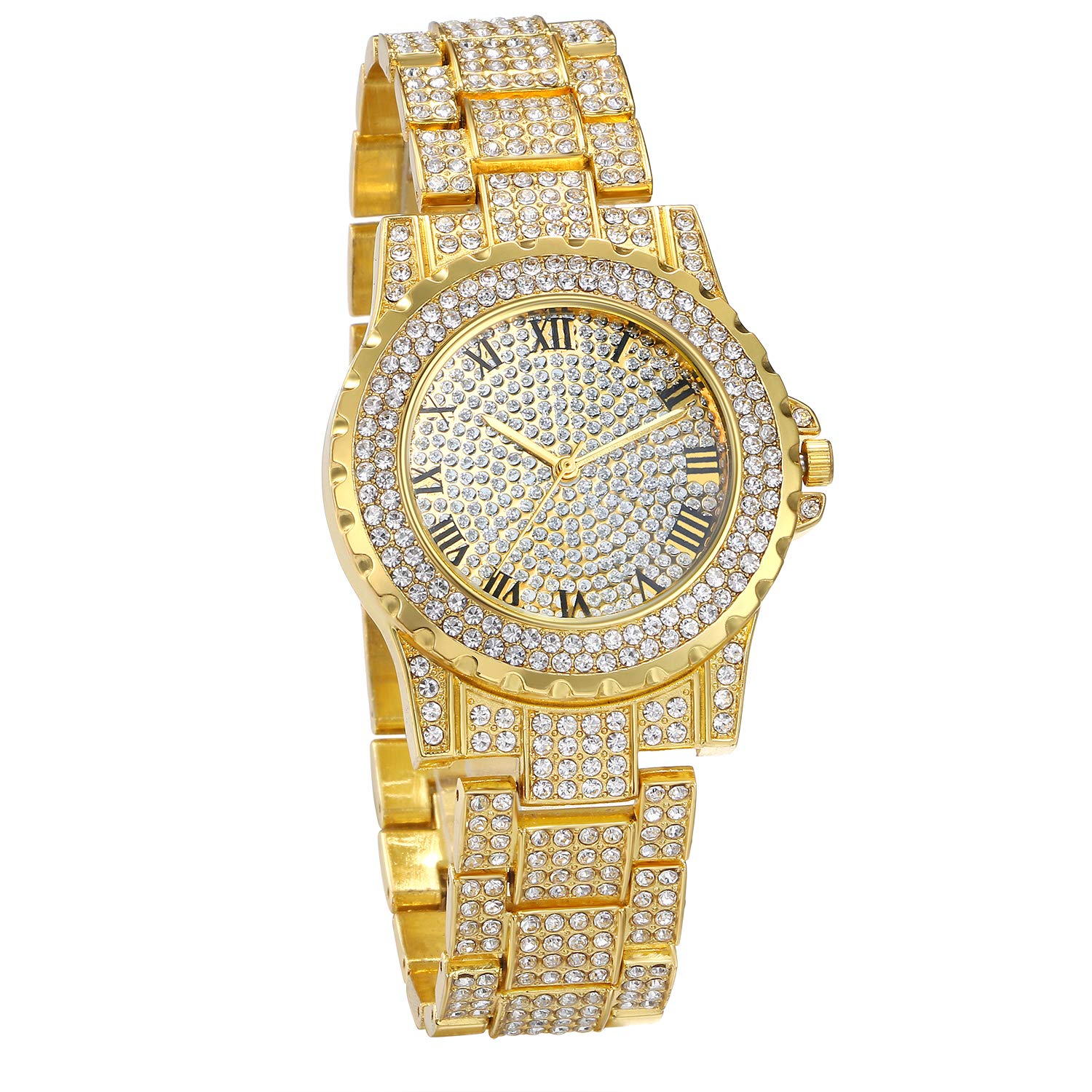 JewelryWe Men Women Watches Stylish Rhinestone Round Quartz Watch Gold Plated Stainless Steel Wristwatch