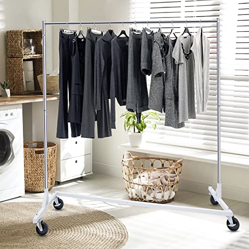 SUPER DEAL Heavy Duty Clothes Rack Z Base Commercial Grade Garment Rack on Wheels Rolling Clothes Hanging Organizer, All Steel Frame 220lbs Capacity, Silver/White