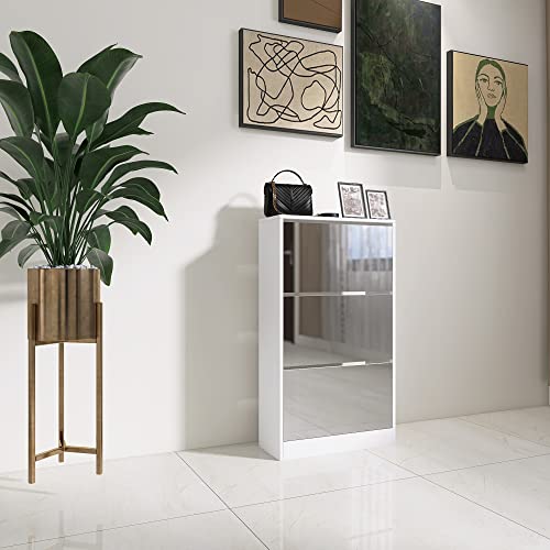 Printdraws Shoe Cabinet，Maximize Your Shoe Storage Space with 3 Rotating Drawers Shoe Cabinet with Mirror - Holds 18-24 Pairs of Shoes - Perfect Entryway or Bedroom Decor