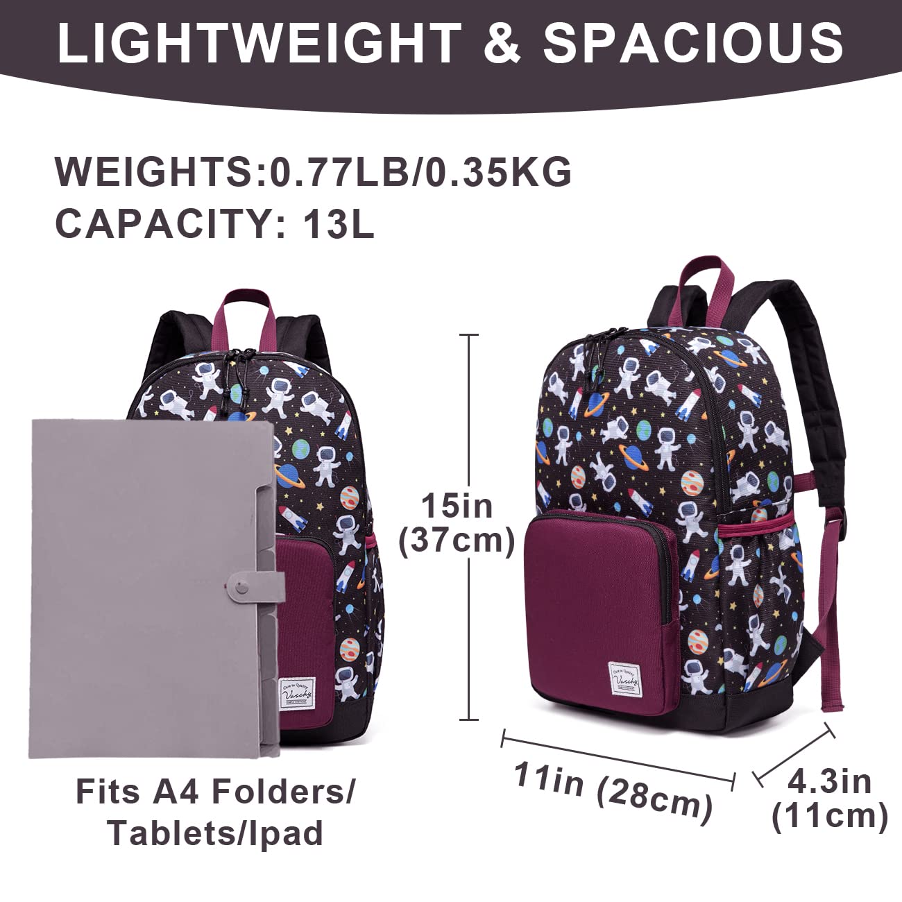 VASCHY Preschool Backpack, Cute Lightweight Water Resistant Kindergarten Backpack Bookbag for Boys and Girls Astronaut