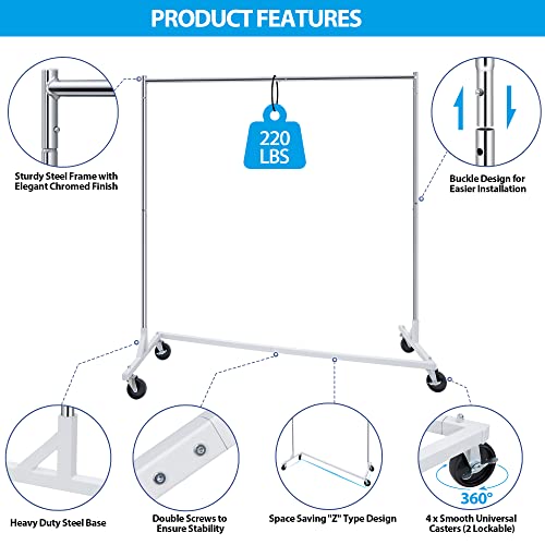 SUPER DEAL Heavy Duty Clothes Rack Z Base Commercial Grade Garment Rack on Wheels Rolling Clothes Hanging Organizer, All Steel Frame 220lbs Capacity, Silver/White