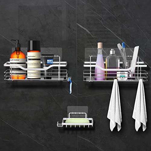 GOGOKIT Shower Caddy with Hanging Hooks - Wall Mounted Storage - 3 Pack - Kitchen Organizer Rack - No Drilling Adhesive Mount - Stainless Steel Rustproof Tidy Accessories Holder - Large Capacity (Silver)