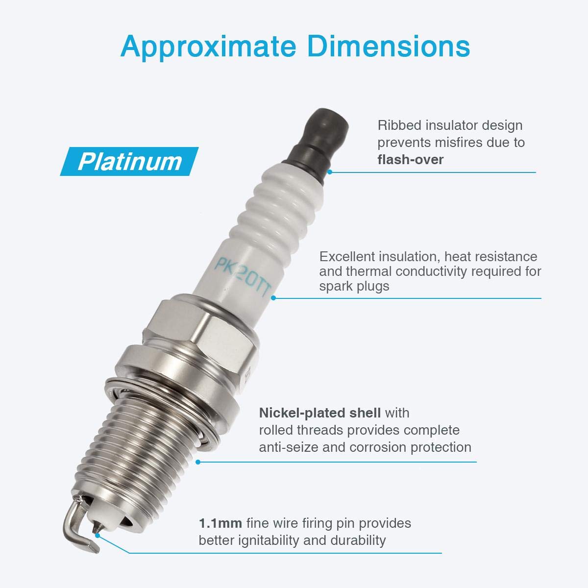 Vplus Platinum Spark Plug Set of 6, Replaces# 4504, PK20TT, S2000RC9YC, ZAP121200, ZM0218110