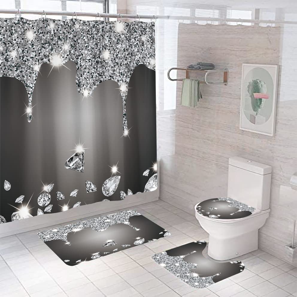 Mightree 4 PCS Bathroom Shower Curtain Set, 71 x 65 inch Waterproof Fabric Bathroom Curtain with 12 Hooks, Toilet Lid Cover and Bath Mat, Non-Slip Rug Foot mat, Gray Diamond