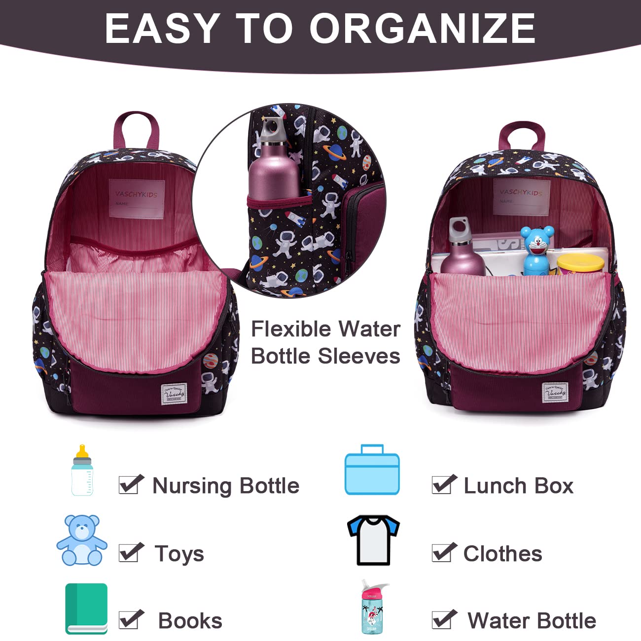 VASCHY Preschool Backpack, Cute Lightweight Water Resistant Kindergarten Backpack Bookbag for Boys and Girls Astronaut