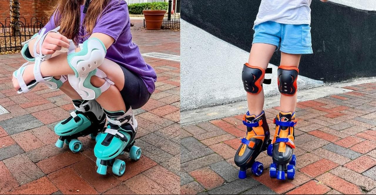 Lenexa Go GRO Adjustable Quad Roller Skate Bundle – Kids Roller Skates with Wrist Guards, Knee Pads, Elbow Pads, and Matching Backpack - Black, Orange, Adjustable Medium (12J to 2)