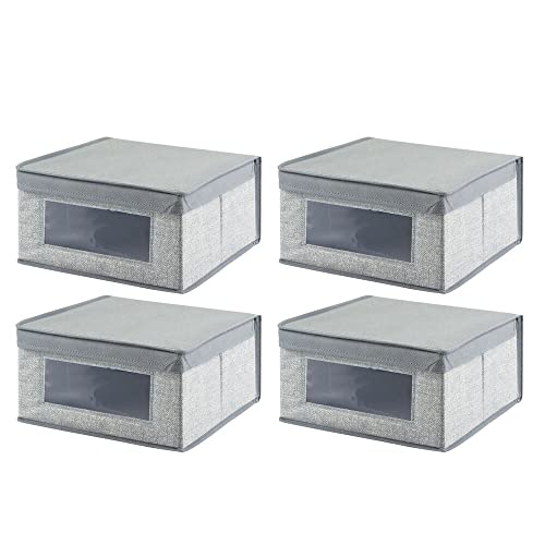 mDesign Medium Soft Stackable Fabric Baby Nursery Storage Organizer Holder Bin Box with Front Window/Lid for Child/Kids Bedroom, Playroom, Classroom, Lido Collection, 4 Pack, Gray