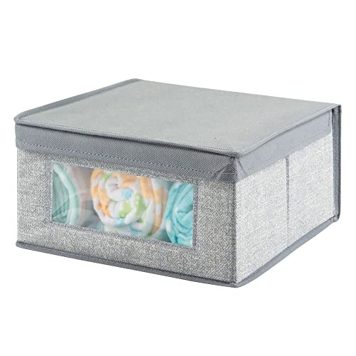 mDesign Medium Soft Stackable Fabric Baby Nursery Storage Organizer Holder Bin Box with Front Window/Lid for Child/Kids Bedroom, Playroom, Classroom, Lido Collection, 4 Pack, Gray