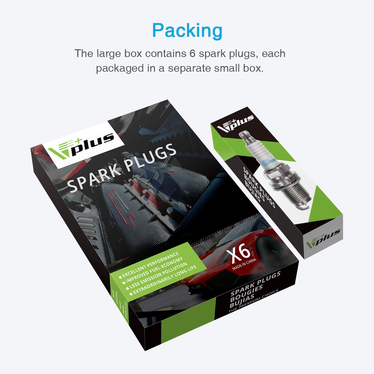 Vplus Platinum Spark Plug Set of 6, Replaces# 4504, PK20TT, S2000RC9YC, ZAP121200, ZM0218110