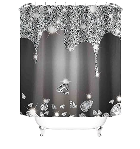 Mightree 4 PCS Bathroom Shower Curtain Set, 71 x 65 inch Waterproof Fabric Bathroom Curtain with 12 Hooks, Toilet Lid Cover and Bath Mat, Non-Slip Rug Foot mat, Gray Diamond