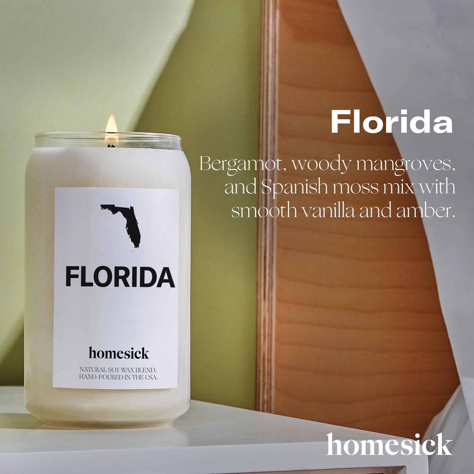 Homesick Scented Candles for Home (Florida) - 13.75 oz Long-Lasting Soy Wax Jar Candle for Women & Men for All Occasions, 60-80 Hours Burn Time - Notes of Moss & Bergamot