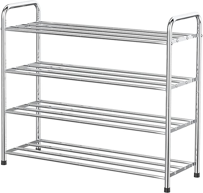 NEFSO 3-Tier Shoe Rack, 100% Stainless Steel Shoe Cabinet, Stackable 9 Pairs of Storage Racks, Suitable for Bedroom, Closet, Entrance, Dorm, L26 w9 h20(Silver)-Three Floors-Silver