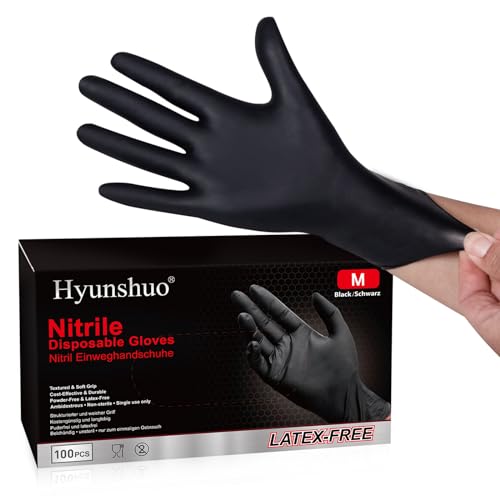 Hyunshuo Nitrile Gloves Black Puncture Resistance Disposable Gloves, 5 Mil Latex Free Powder Free Food Prep Work Gloves, High Durability for Cooking, Cleaning, Gardening (Box / 100)