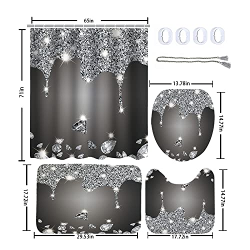Mightree 4 PCS Bathroom Shower Curtain Set, 71 x 65 inch Waterproof Fabric Bathroom Curtain with 12 Hooks, Toilet Lid Cover and Bath Mat, Non-Slip Rug Foot mat, Gray Diamond