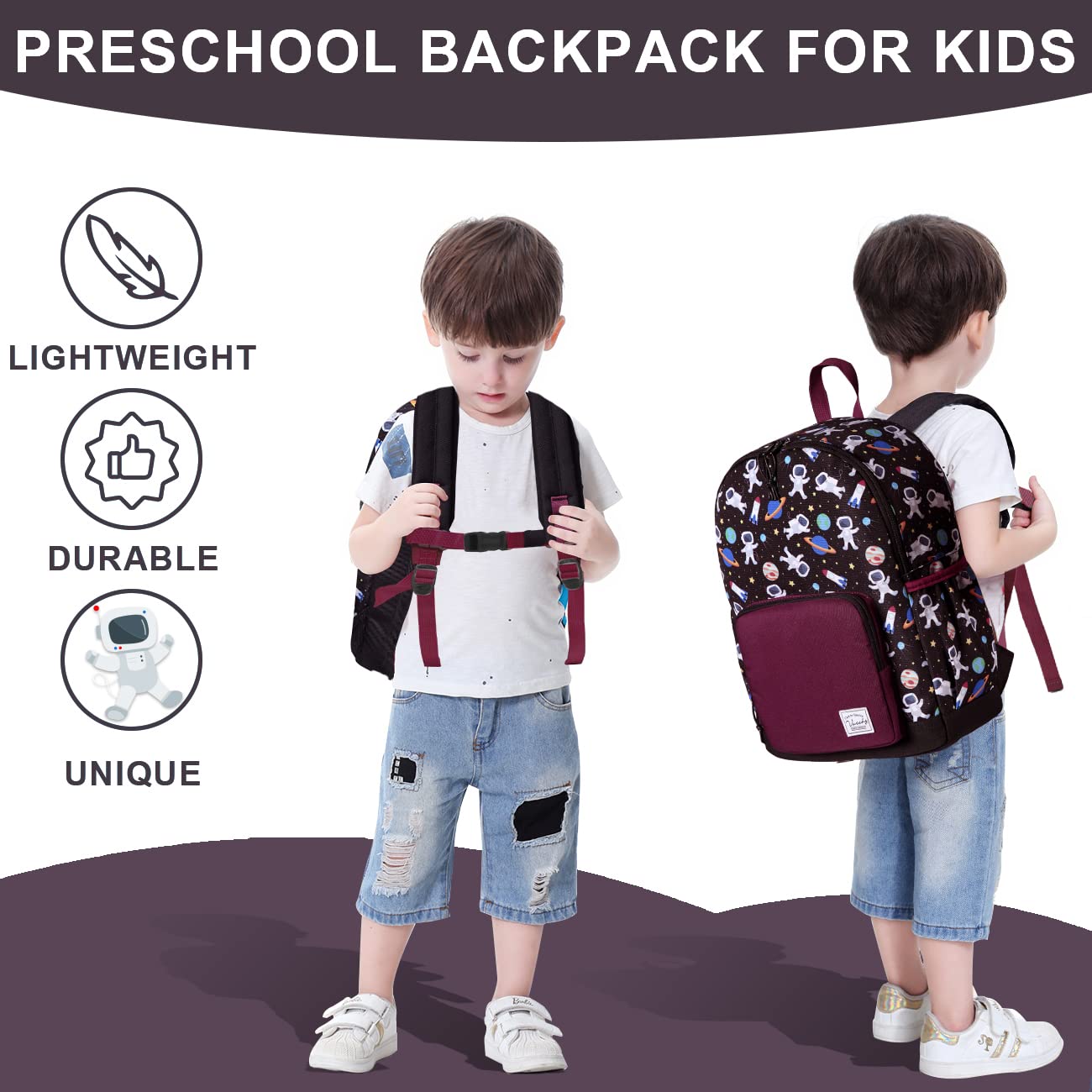 VASCHY Preschool Backpack, Cute Lightweight Water Resistant Kindergarten Backpack Bookbag for Boys and Girls Astronaut