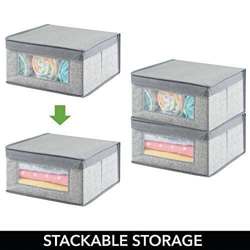 mDesign Medium Soft Stackable Fabric Baby Nursery Storage Organizer Holder Bin Box with Front Window/Lid for Child/Kids Bedroom, Playroom, Classroom, Lido Collection, 4 Pack, Gray