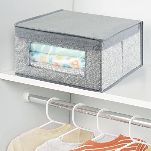 mDesign Medium Soft Stackable Fabric Baby Nursery Storage Organizer Holder Bin Box with Front Window/Lid for Child/Kids Bedroom, Playroom, Classroom, Lido Collection, 4 Pack, Gray