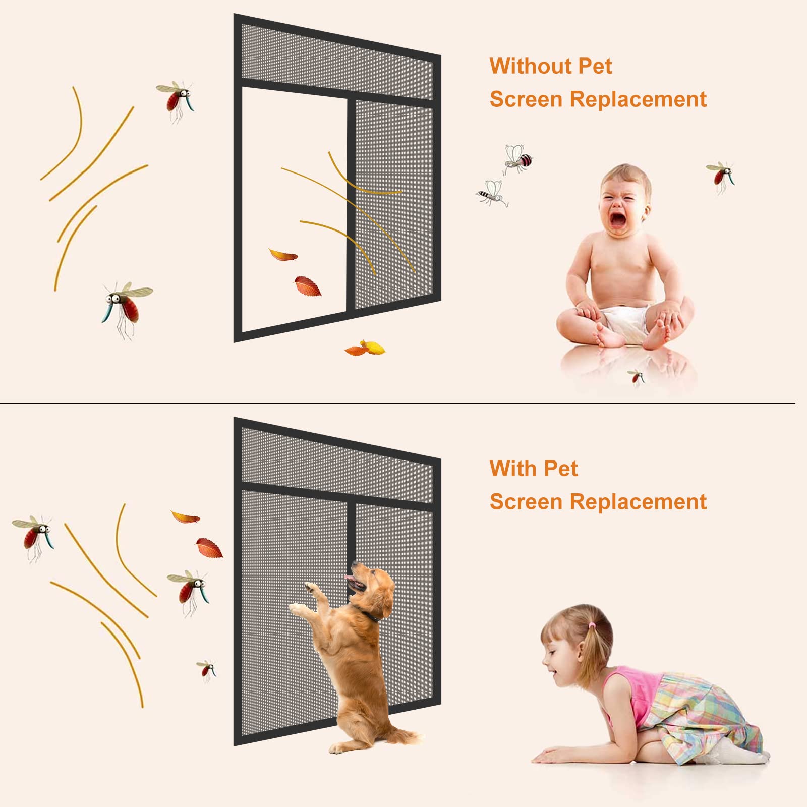 MAGZO Pet Proof Window Screen Door Replacement Mesh, 48" W x 99" L, Vinyl Coated Polyester Fabric Heavy Duty, Dog Cat Net for Sliding Glass/Patio/Balcony/Porch/Pool/Back Deck Windows Doors, Black