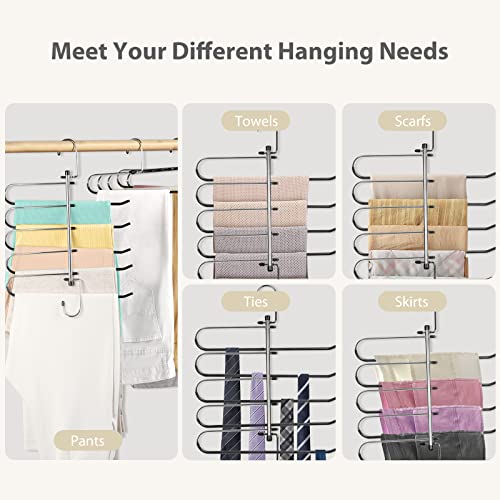 Pants Clothes Hangers Space Saving, RELBRO 2 Packs Multifunctional Pants Rack Hanger Black Stainless Steel Pants Jeans Hangers 5 Layered Closet Organizer for Pants Scarfs Slacks Towels Ties