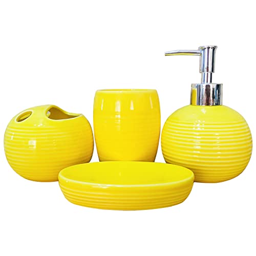 LISANEK Bathroom Accessories Set 4 Piece Ceramic Bathroom Accessories Decoration Set with Lotion Dispenser, Soap Dish,Cup,Toothbrush Holder (Yellow)