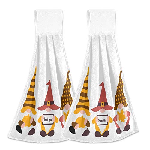 KOCOART Thanksgiving Day Gnomes Kitchen Hand Towels Thankful Hanging Tie Towel with Loop 2PCS, Soft Super Absorbent Fingertip Towel for Bathroom Washroom Guestroom Hotel 12x17 in