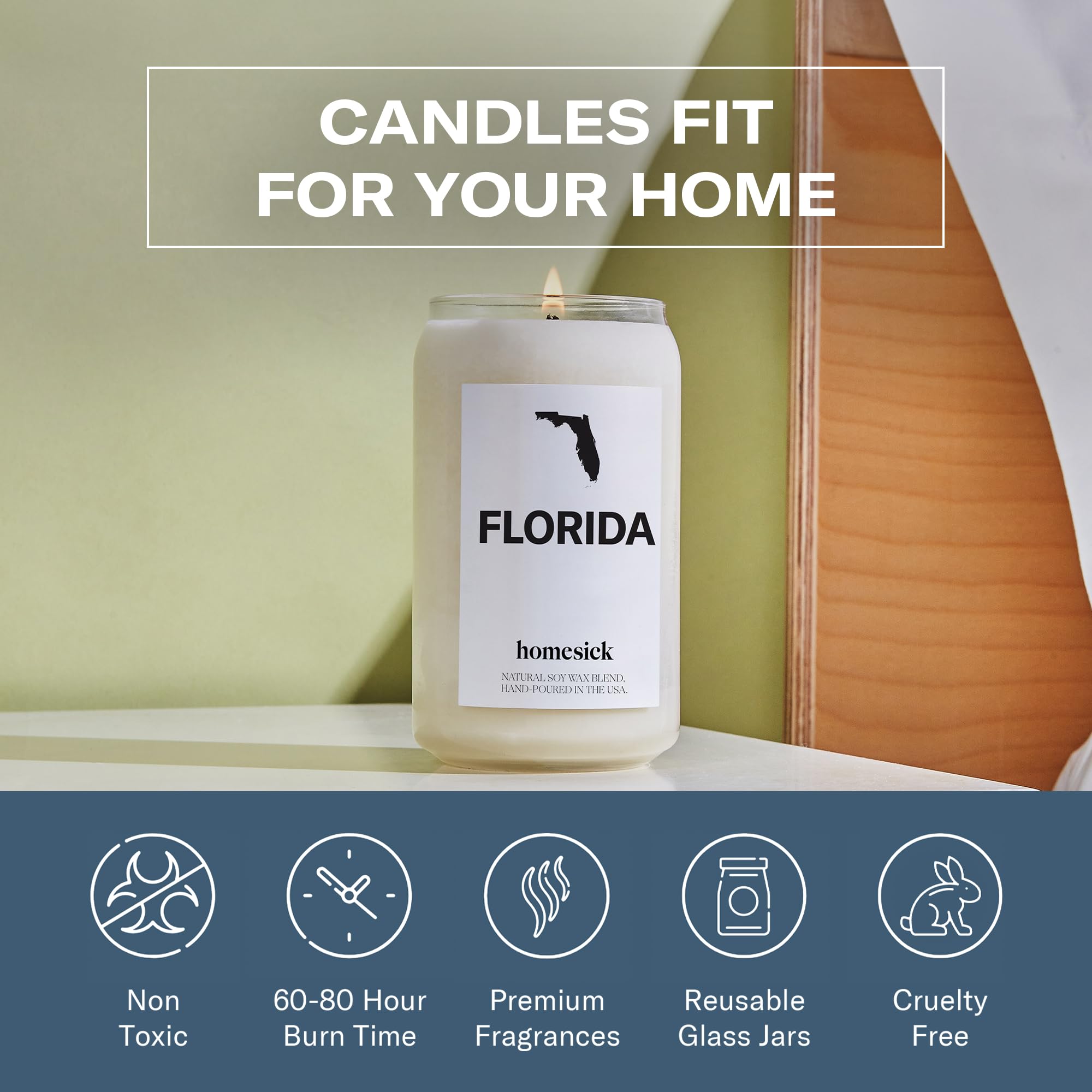 Homesick Scented Candles for Home (Florida) - 13.75 oz Long-Lasting Soy Wax Jar Candle for Women & Men for All Occasions, 60-80 Hours Burn Time - Notes of Moss & Bergamot