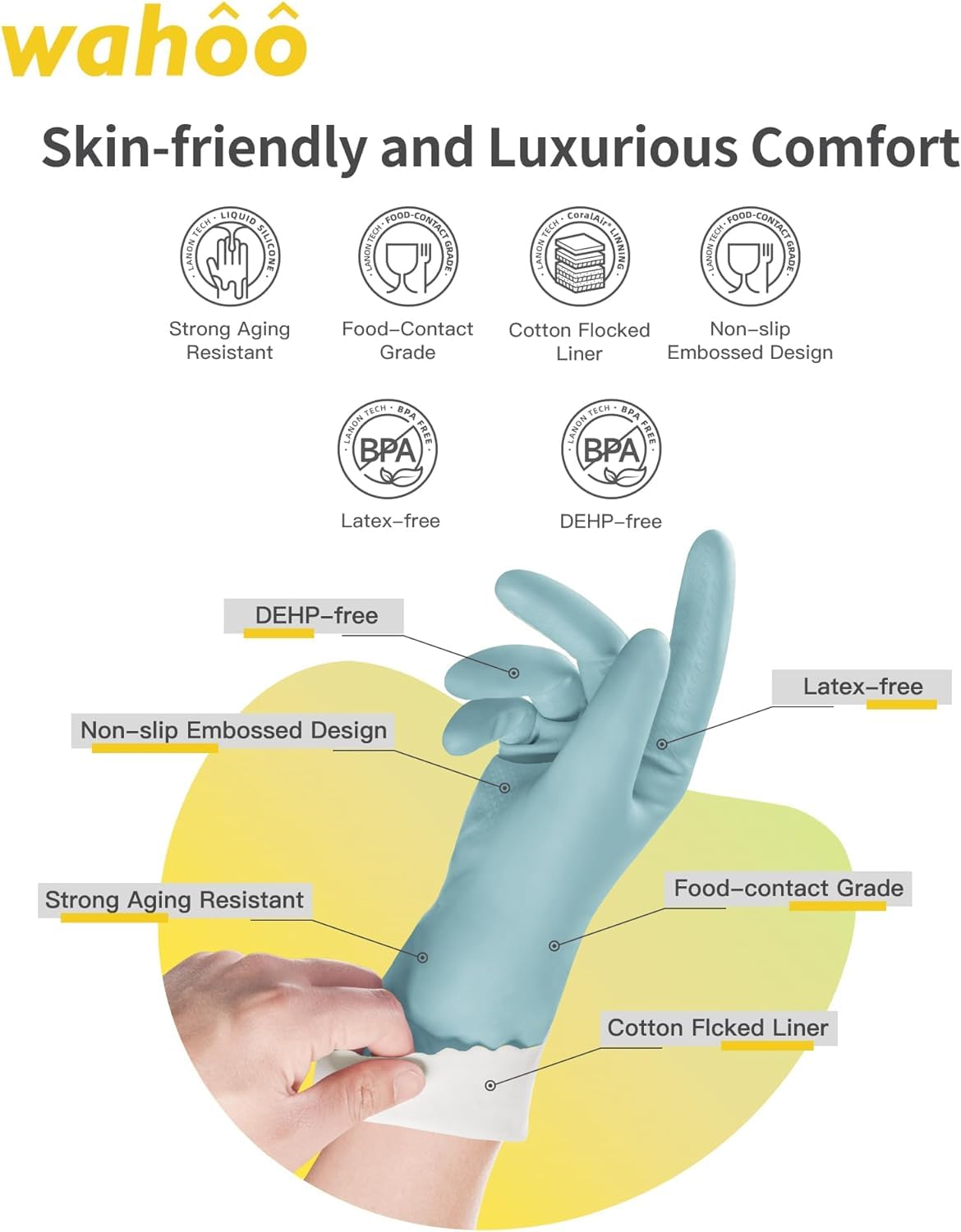 LANON wahoo Skin-Friendly Cleaning Gloves, Dishwashing Kitchen Gloves with Cotton Flocked Liner, Reusable, Non-Slip, Surf Spray, Small