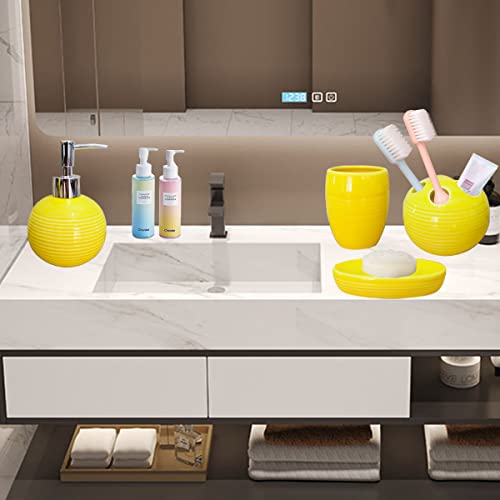 LISANEK Bathroom Accessories Set 4 Piece Ceramic Bathroom Accessories Decoration Set with Lotion Dispenser, Soap Dish,Cup,Toothbrush Holder (Yellow)