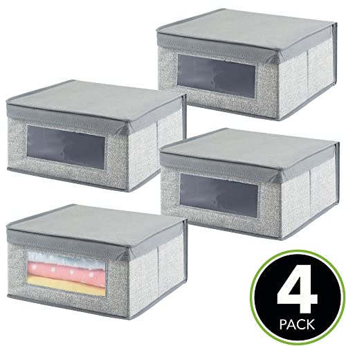 mDesign Medium Soft Stackable Fabric Baby Nursery Storage Organizer Holder Bin Box with Front Window/Lid for Child/Kids Bedroom, Playroom, Classroom, Lido Collection, 4 Pack, Gray