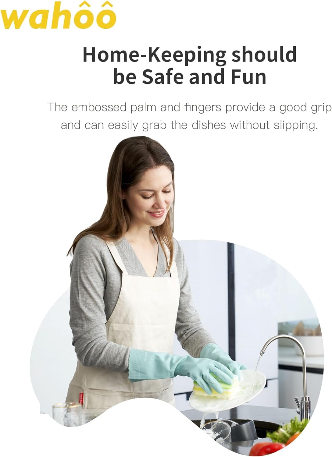 LANON wahoo Skin-Friendly Cleaning Gloves, Dishwashing Kitchen Gloves with Cotton Flocked Liner, Reusable, Non-Slip, Surf Spray, Small