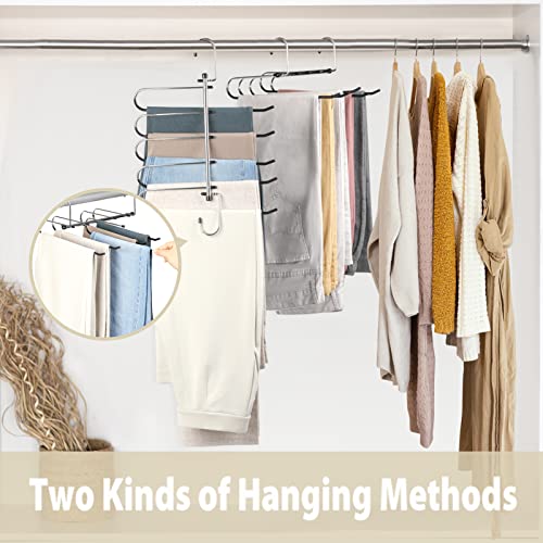 Pants Clothes Hangers Space Saving, RELBRO 2 Packs Multifunctional Pants Rack Hanger Black Stainless Steel Pants Jeans Hangers 5 Layered Closet Organizer for Pants Scarfs Slacks Towels Ties