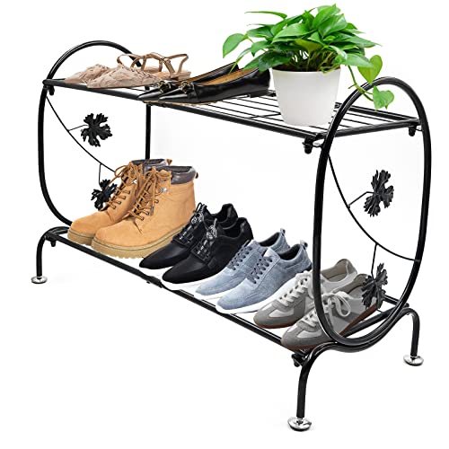 2-Tier Shoe Rack Stand, Metal Iron Wire Shoe shelf Storage Organizer, For Entryway, Hallway, and Closet Rustic Black 24"x10.5"x16.5"