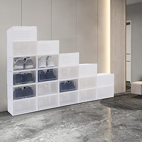 20/24pcs Shoe Storage Boxes Clear Stackable Front Open, Clear Plastic Clamshell Shoebox Foldable Shoe Organizer for Closet (Angel White Large Round Holes) (20pcs)