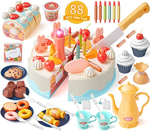 Birthday Cake Toys Set, Geyiie Cake Play Tea Party Dessert Set with Light, 88 PCS Pretend Play Cutting Food with Chocolate,Fruit Decor,Candles and More,Gift Choice for Toddlers Boys Girls