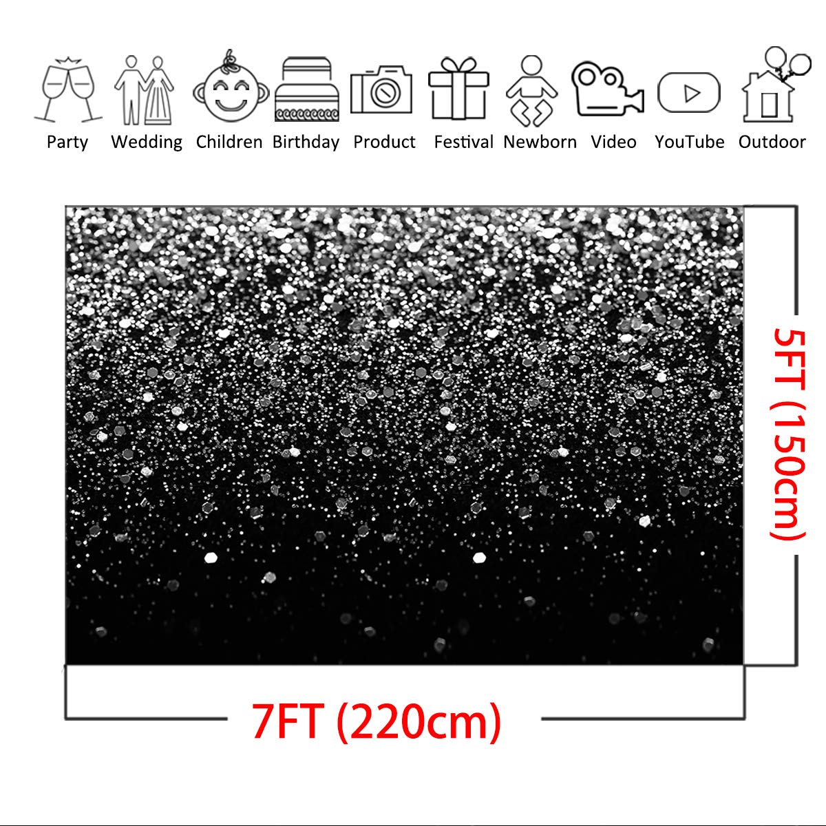 Mocsicka Black and Silver Backdrop Silver Glitter Bokeh Spots Wedding Decoration Photography Background 7x5ft Birthday Dance Party Baby Shower Photo Booth Backdrops