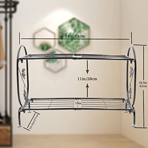 2-Tier Shoe Rack Stand, Metal Iron Wire Shoe shelf Storage Organizer, For Entryway, Hallway, and Closet Rustic Black 24"x10.5"x16.5"
