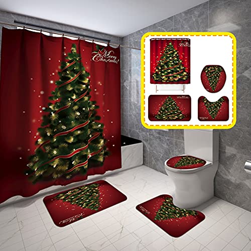 WISREMT Christmas Shower Curtain 4 Piece Sets with Non-Slip Rugs, Toilet Lid Cover and Bath Mat, Santa Elk Xmas Tree Truck Waterproof Shower Curtain with 12 Hooks Bathroom Set Holiday Home Decor