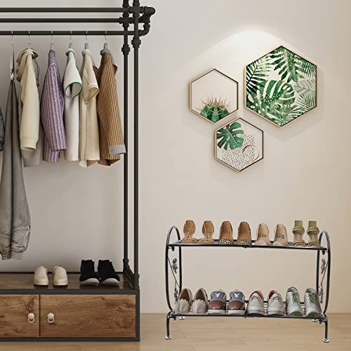2-Tier Shoe Rack Stand, Metal Iron Wire Shoe shelf Storage Organizer, For Entryway, Hallway, and Closet Rustic Black 24"x10.5"x16.5"