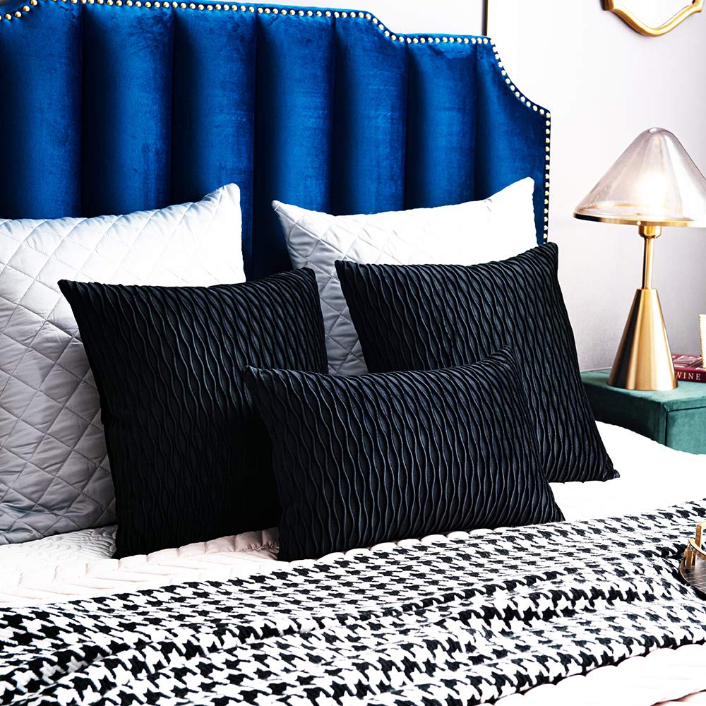 DEZENE Black Striped Decorative Pillow Covers: 2 Pack 12x20 Inch Original Velvet Rectangular Throw Pillow Cases for Farmhouse Couch