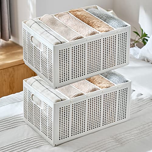 UNZIPE 2 Pack Closet Storage Bins with Handle, Plastic Storage Baskets Organizer Clothes Organizer for folded Clothes Closet Containers for Shelf, Large