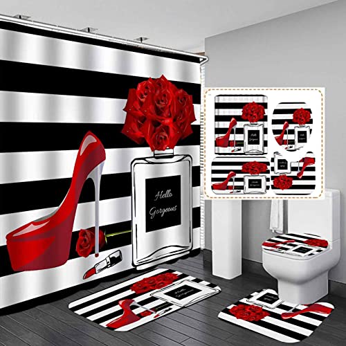 Dia Magico 4PCS Red High Heels Shower Curtain Set, Black White Striped Hello Gorgeous Perfume Lipstick Cosmetic Makeup Rose Flower Romantic Women Bathroom Decor Fabric Shower Curtain Non-slip Bath Mat