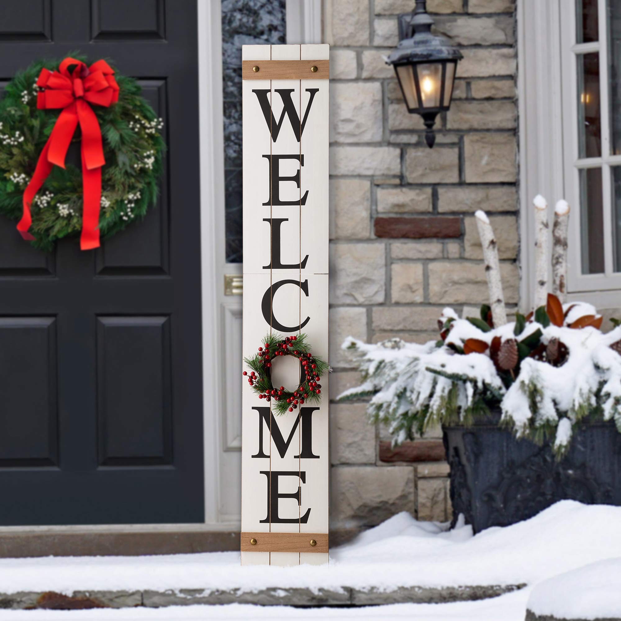 Glitzhome Wooden Welcome Sign for Porch Front Door Outdoor Rustic Farmhouse Vertical Hanging Wall Decor with Changable Wreathes, 60"H, White