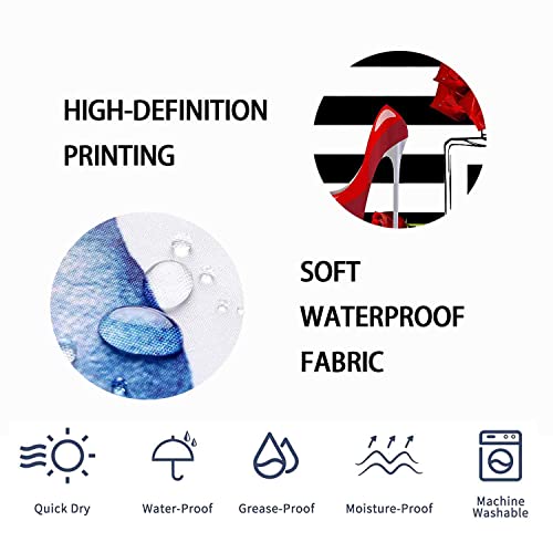 Dia Magico 4PCS Red High Heels Shower Curtain Set, Black White Striped Hello Gorgeous Perfume Lipstick Cosmetic Makeup Rose Flower Romantic Women Bathroom Decor Fabric Shower Curtain Non-slip Bath Mat