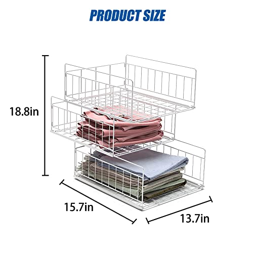 3-Tier Sliding Closet Organizers and Drawer,Storage Shelves for Clothes,Collapsible Stackable Storage Baskets Bins,Clothes Organizer Containers Wardrobe Locker, Metal Drawer Shelf,Cupboard Organizer for Clothes(White)