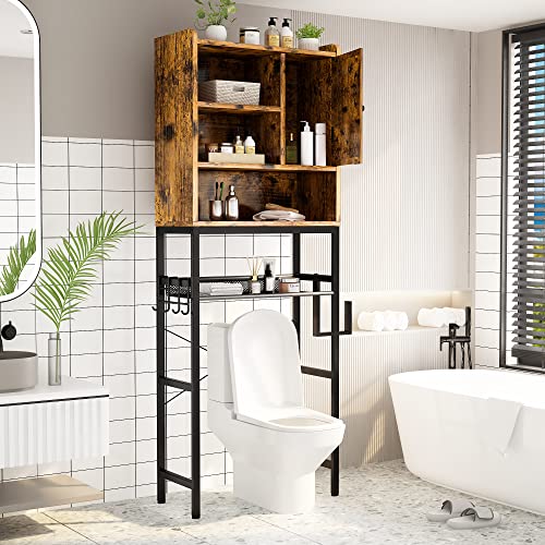 Lamerge Over The Toilet Storage Cabinet, Bathroom Toilet Rack, Freestanding Bathroom Organizer Over Toilet with Adjustable Shelf, Paper Hook, Space Saver Toilet Stands, Open Storage, Rustic Brown
