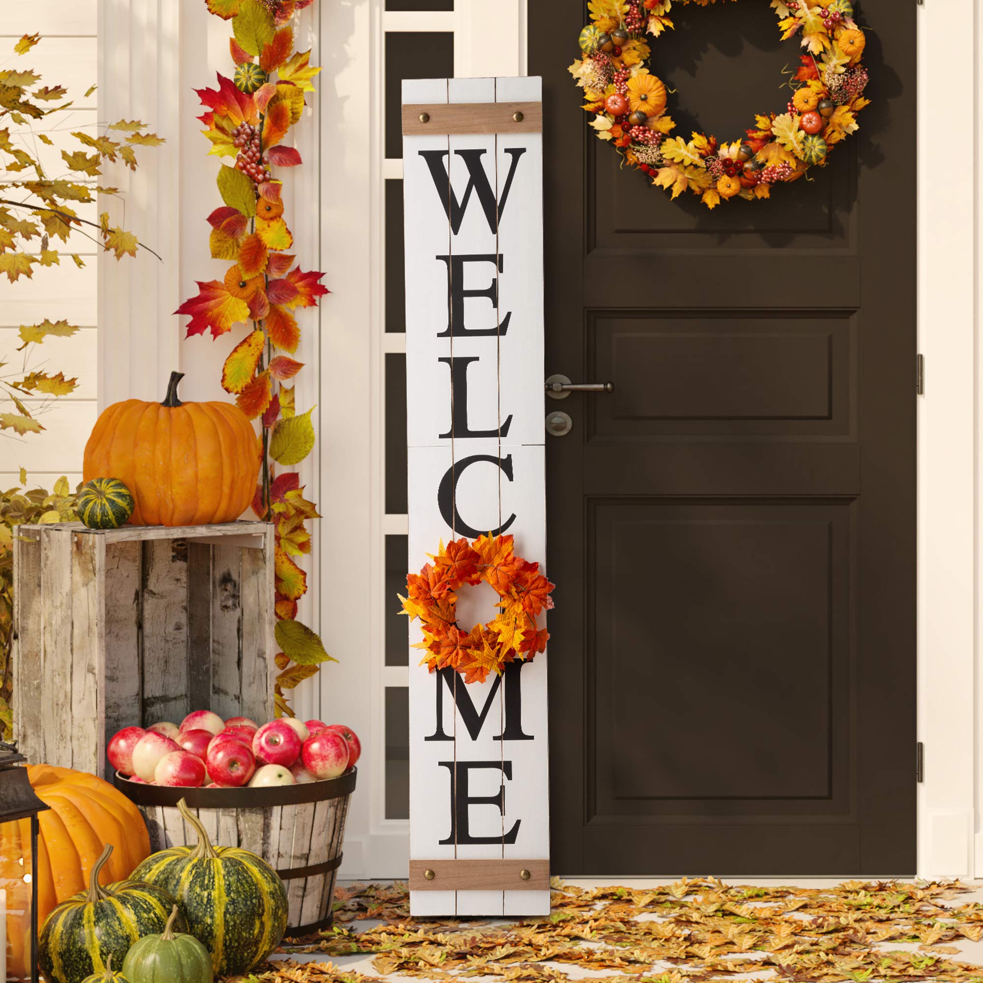Glitzhome Wooden Welcome Sign for Porch Front Door Outdoor Rustic Farmhouse Vertical Hanging Wall Decor with Changable Wreathes, 60"H, White