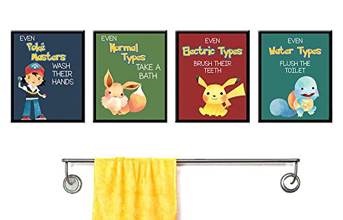 Even Electric Types Brush Teeth Take A Bath Wash Hands Bathroom Wall Art Decor Prints Reminders Poster Sign (Set of Four) Pocket Monster