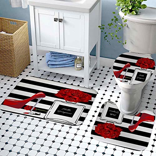 Dia Magico 4PCS Red High Heels Shower Curtain Set, Black White Striped Hello Gorgeous Perfume Lipstick Cosmetic Makeup Rose Flower Romantic Women Bathroom Decor Fabric Shower Curtain Non-slip Bath Mat