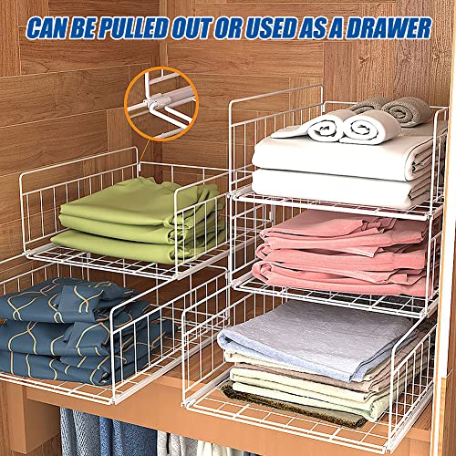 3-Tier Sliding Closet Organizers and Drawer,Storage Shelves for Clothes,Collapsible Stackable Storage Baskets Bins,Clothes Organizer Containers Wardrobe Locker, Metal Drawer Shelf,Cupboard Organizer for Clothes(White)